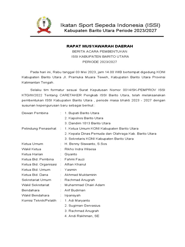 Berita Acara Pembentukan ISSI Barut 2023 | PDF
