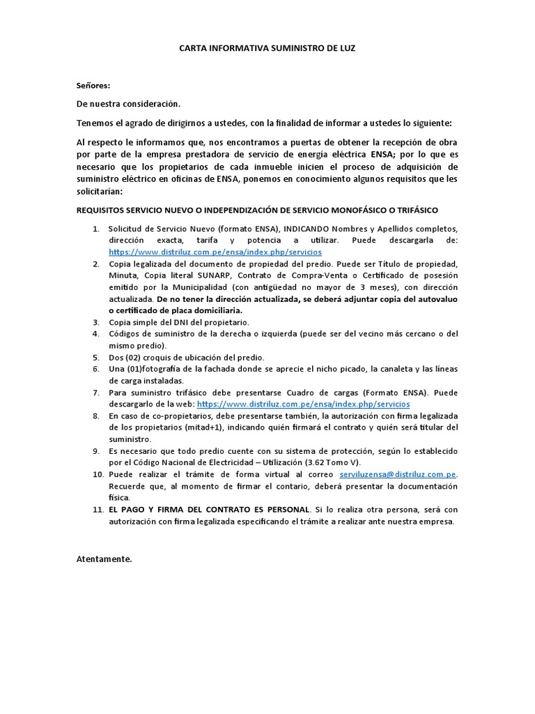 Requisitos para Suministro de Luz ENSA | PDF | Hogar, jardinería y bricolaje | Informática