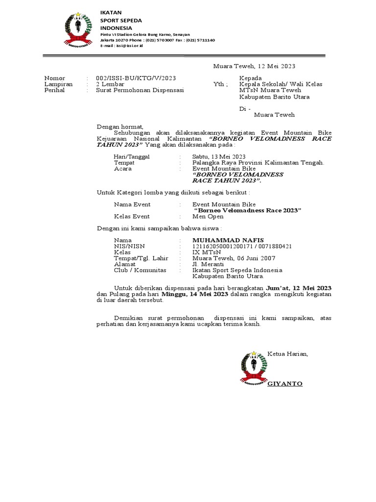 Surat Dispensasi & Persetuujuan Oran Tua Issi 2023 | PDF