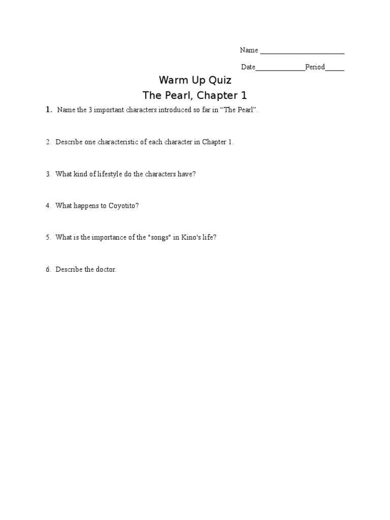 The Pearl Chapter 1 Quiz and Activities | PDF | Self-Improvement