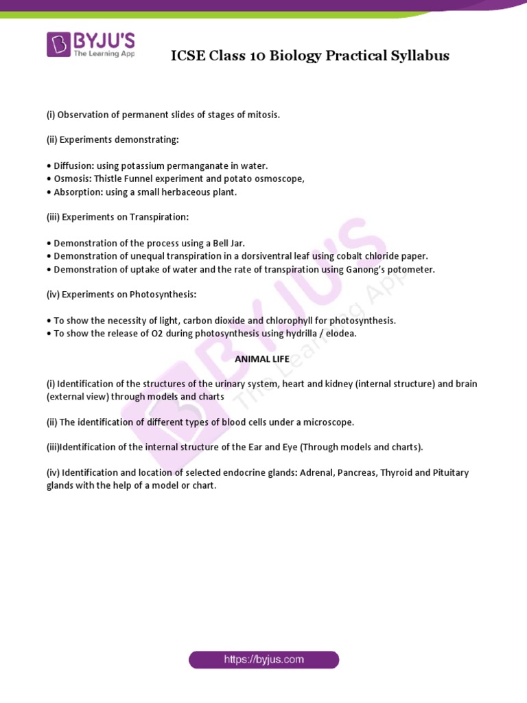 ICSE Class 10 Biology Practical Syllabus | PDF