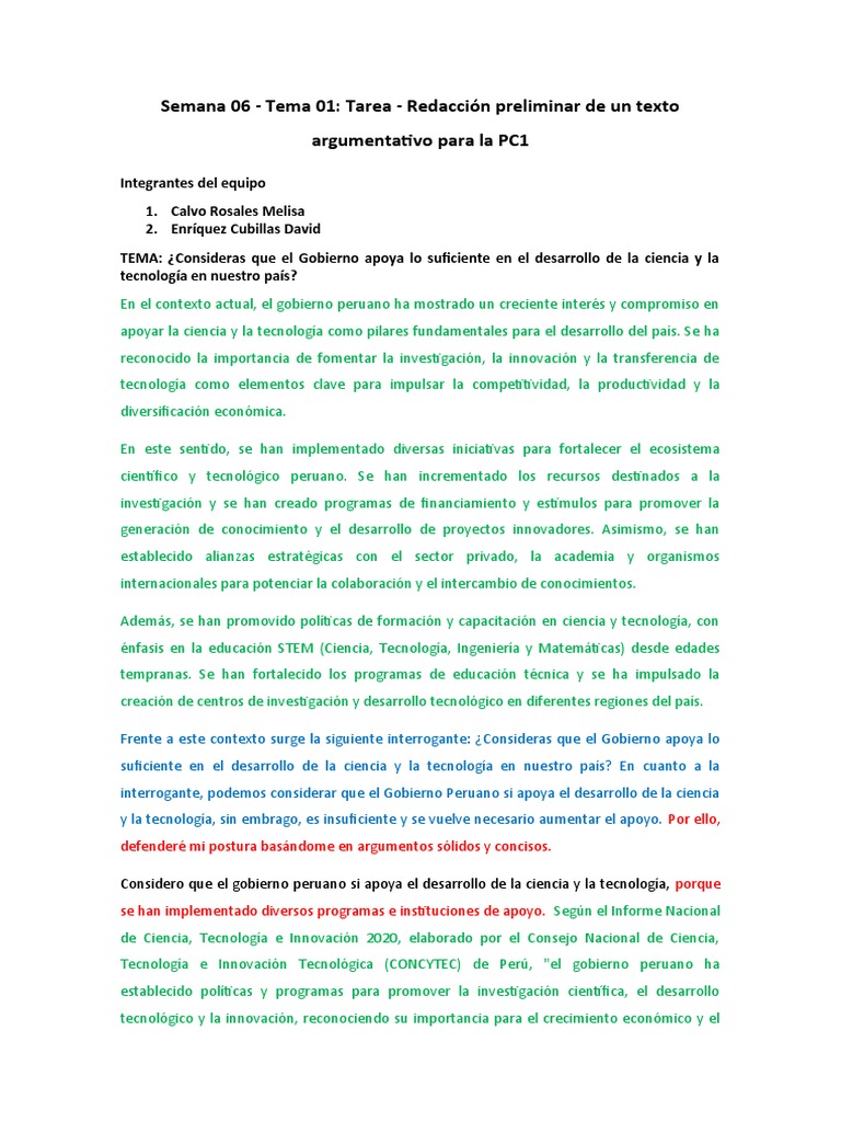 Semana 06 - Tema 01. Tarea. Redacción Preliminar de Un Texto Argumentativo para La PC1 CALVO ...