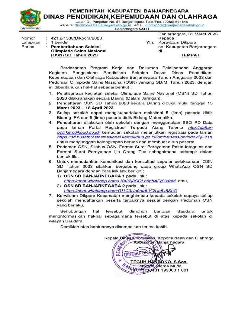 Pemberitahuan Seleksi Osn SD 2023 | PDF