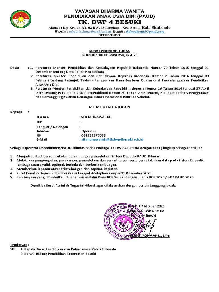 SK Operator TK DWP 4 Besuki | PDF | Kesehatan Holistik