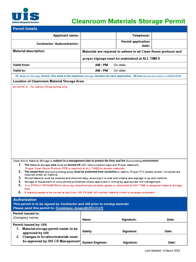 UIS CLEANROOM Material storage Permit | PDF