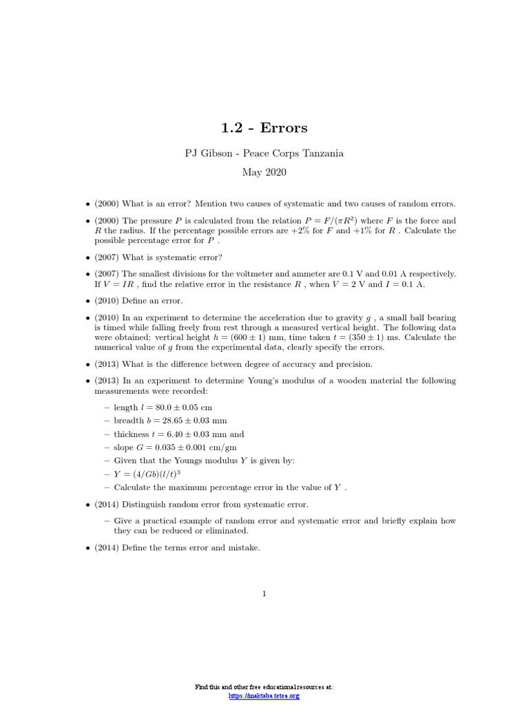 ACSEE Physics F5 T1 S2 Errors | PDF | Observational Error | Significant ...