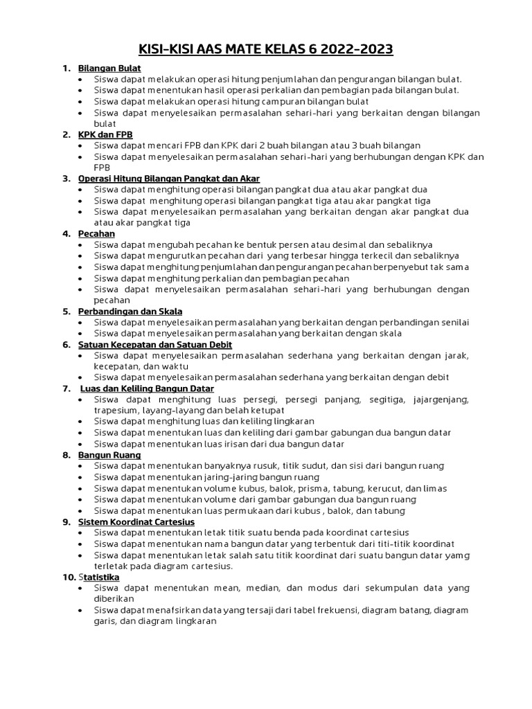 Kisi-Kisi Ujian Sekolah Matematika Kelas 6 T.P. 2022-2023 | PDF