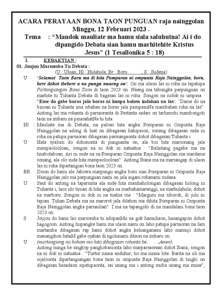 ACARA PERAYAAN BONA TAON Nainggolan | PDF
