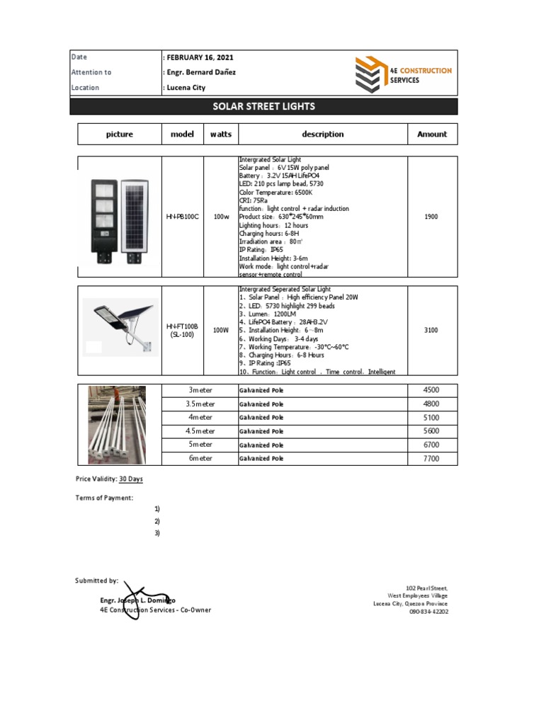 Solar Street Light Specifications & Prices | PDF | Glass Applications ...