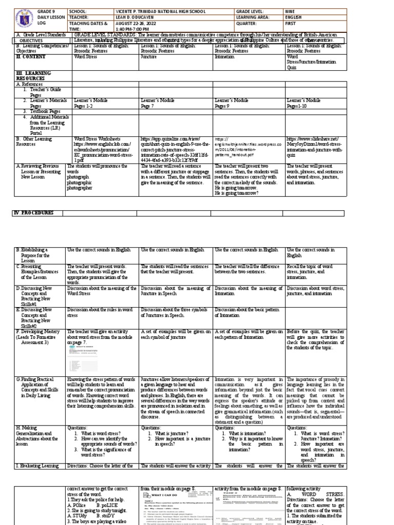 q1 Lesson 1 Sounds of English Prosodic Features | PDF | Question | Word