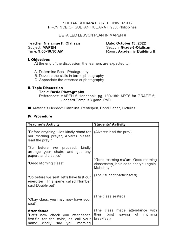Lesson Plan in Arts | PDF | Camera | Shutter (Photography)