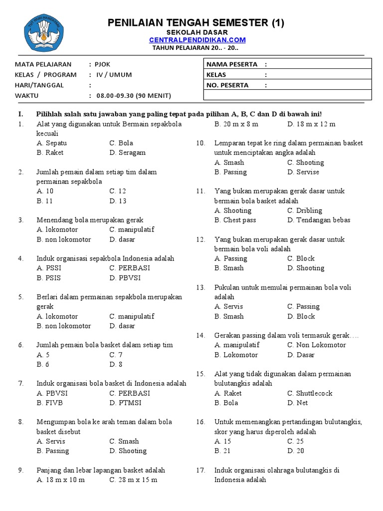 PTS PJOK Kelas 4 SEM 1 | PDF