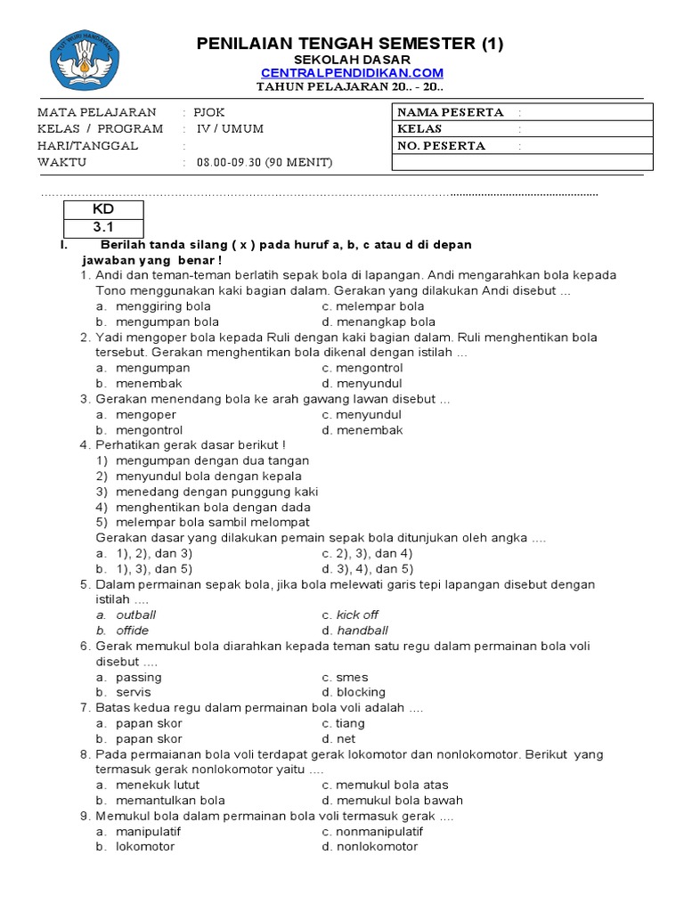 PTS PJOK Kelas 4 SEM 1 #2 | PDF