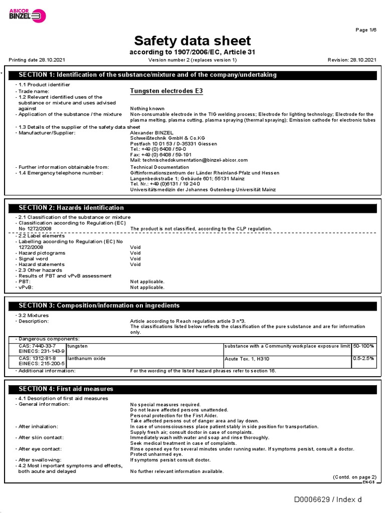 EN-GB_D0006629_MSDS-Wolframelektroden_E3 | PDF | Dangerous Goods ...