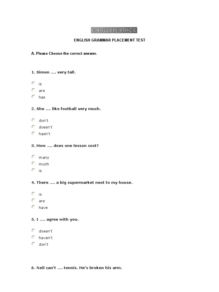 English Grammar Placement Test | PDF | Sports | Leisure