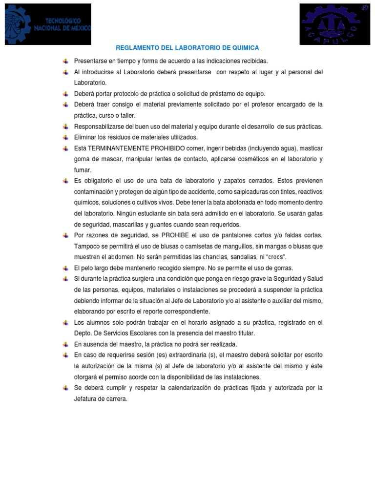 Reglamento Del Laboratorio de Quimica | PDF