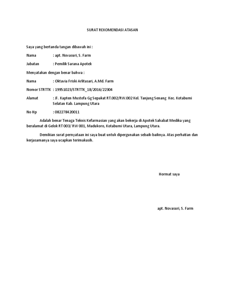 Surat Rekomendasi Atasan Apotek | PDF