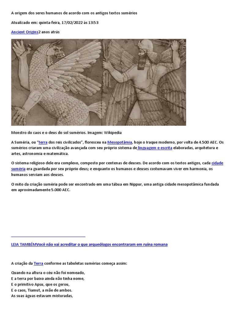 A Origem Dos Seres Humanos de Acordo Com Os Antigos Textos Sumérios ...