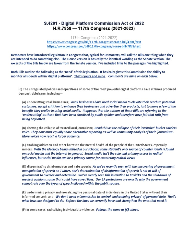 Digital Platform Commission Act of 2022 My Review | PDF | Social Media ...