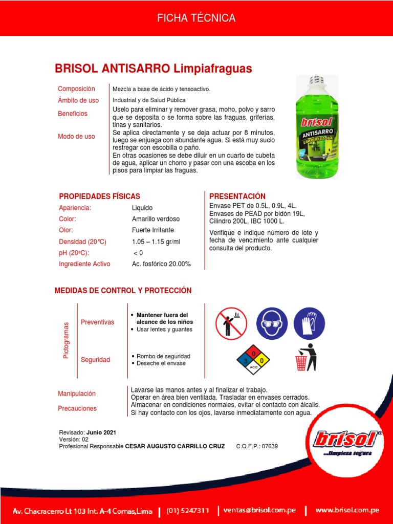 Ficha Tecnica Brisol Antisarro Limpiafraguas | PDF | Agua | Materiales