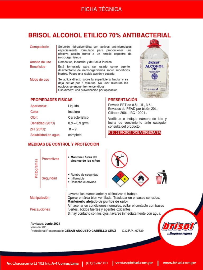 Ficha Tecnica Brisol Alcohol Etilico 70° | PDF | Agua | Lavado de manos