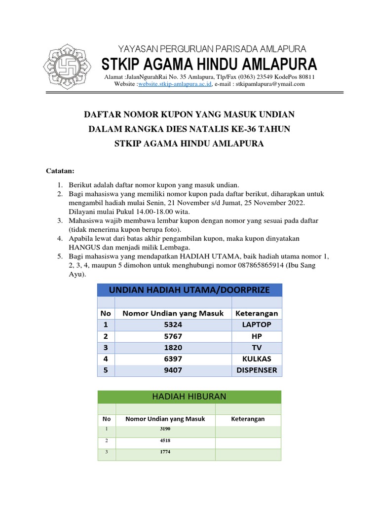 19112022-Daftar Nomor Kupon Yang Masuk Undian | PDF