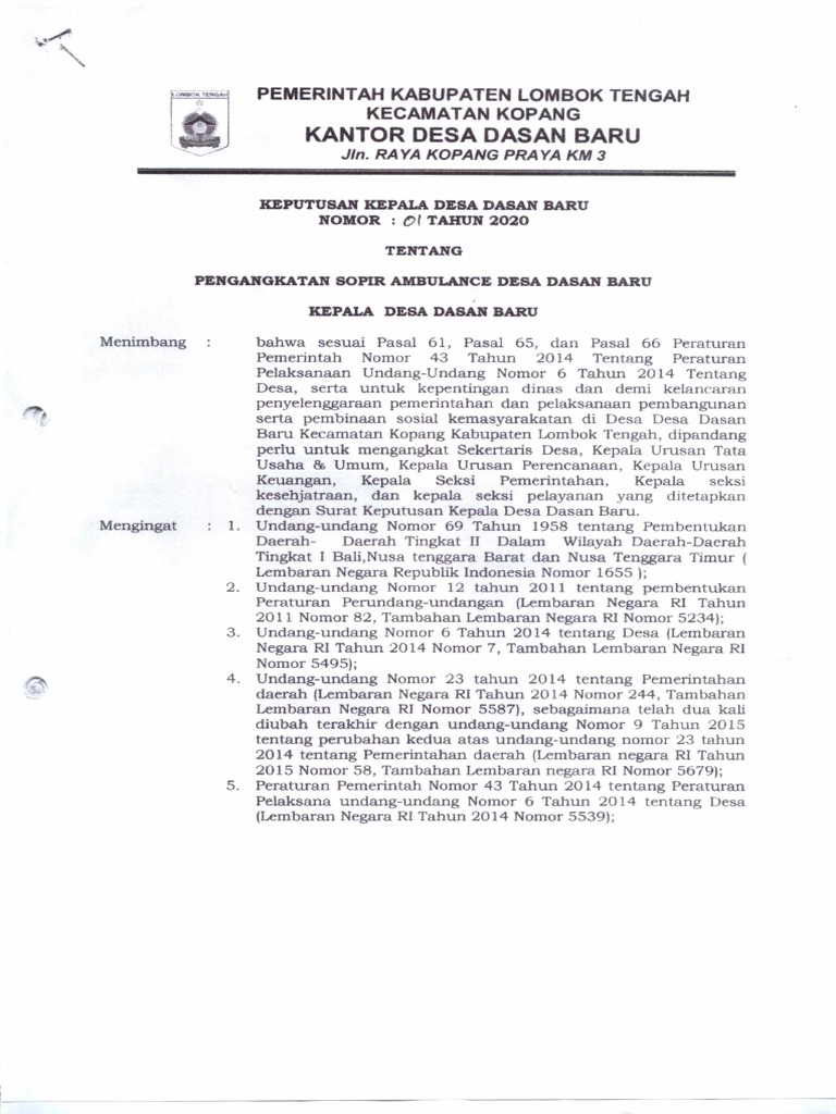 SK Sopir Desa Dasan Baru | PDF