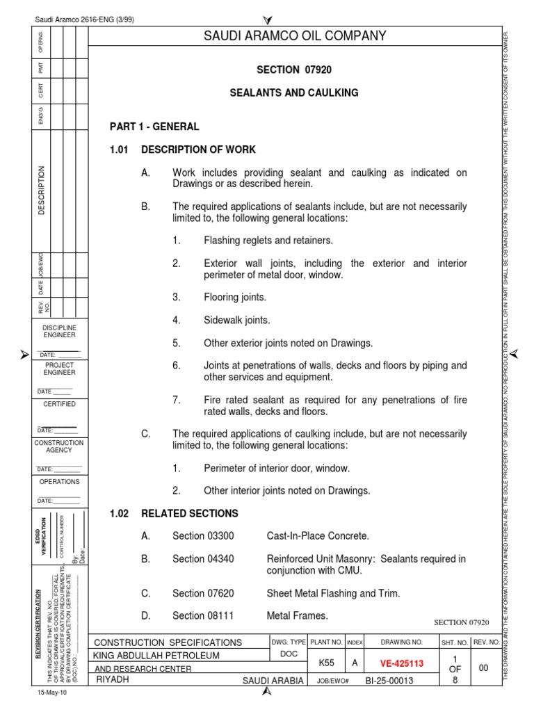 Saudi Aramco Oil Company: SECTION 07920 Sealants and Caulking | PDF ...