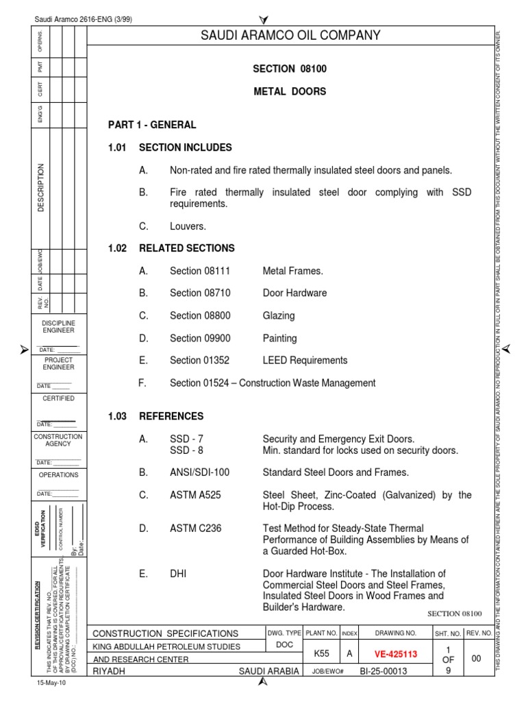 Saudi Aramco Oil Company: SECTION 08100 Metal Doors | PDF | Door ...
