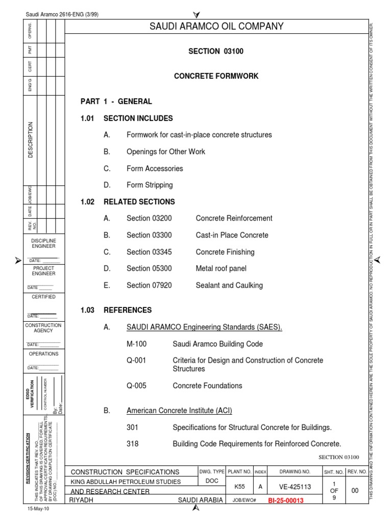 Saudi Aramco Oil Company: SECTION 03100 | PDF | Concrete | Lumber