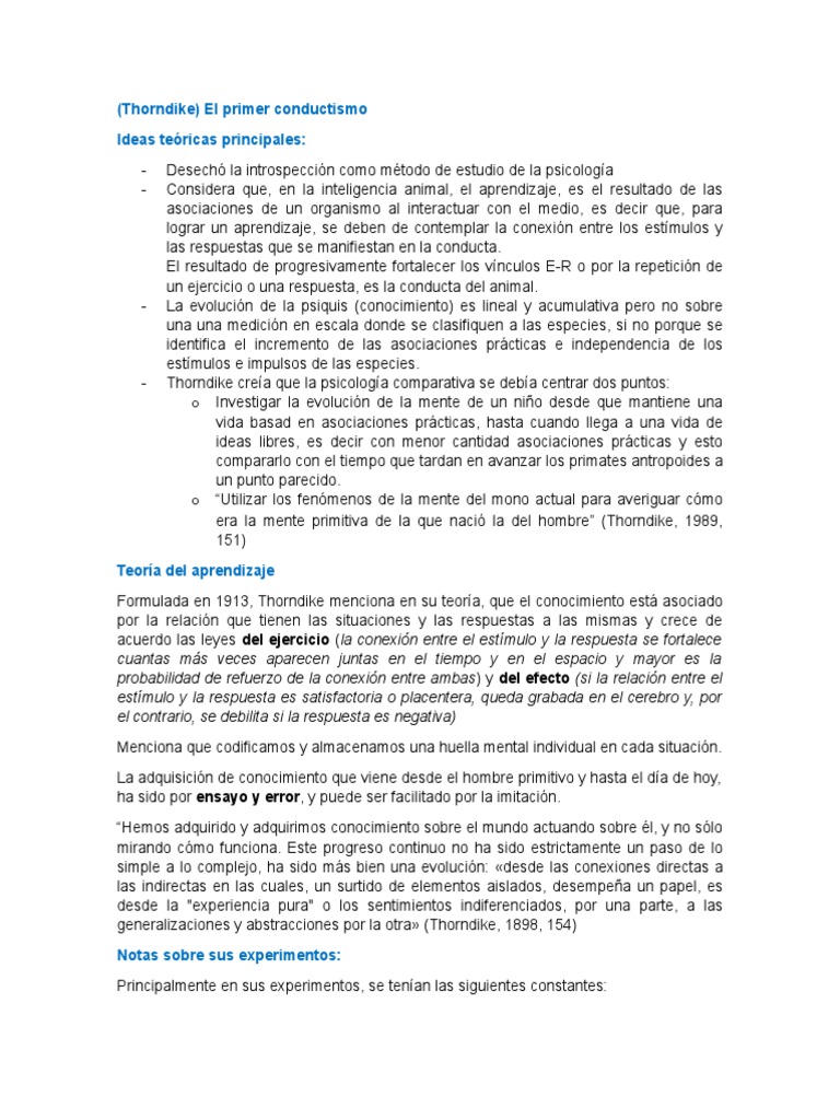 Thorndike Conductismo | PDF | Aprendizaje | Behaviorismo