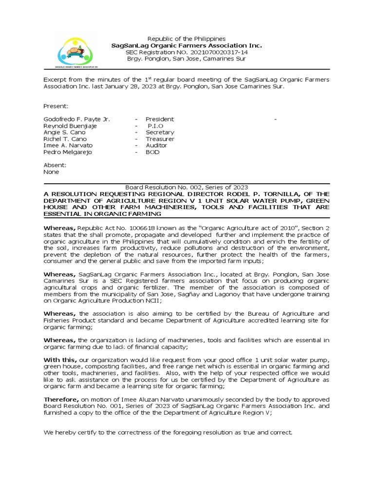 Board Resolution No. 002, Series of 2023 | PDF | Organic Farming ...