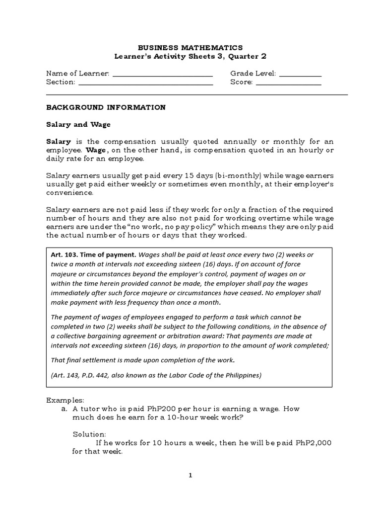Q2 - Business Math LAS3 FOR PRINTING - 230517 - 092725 | PDF | Salary ...