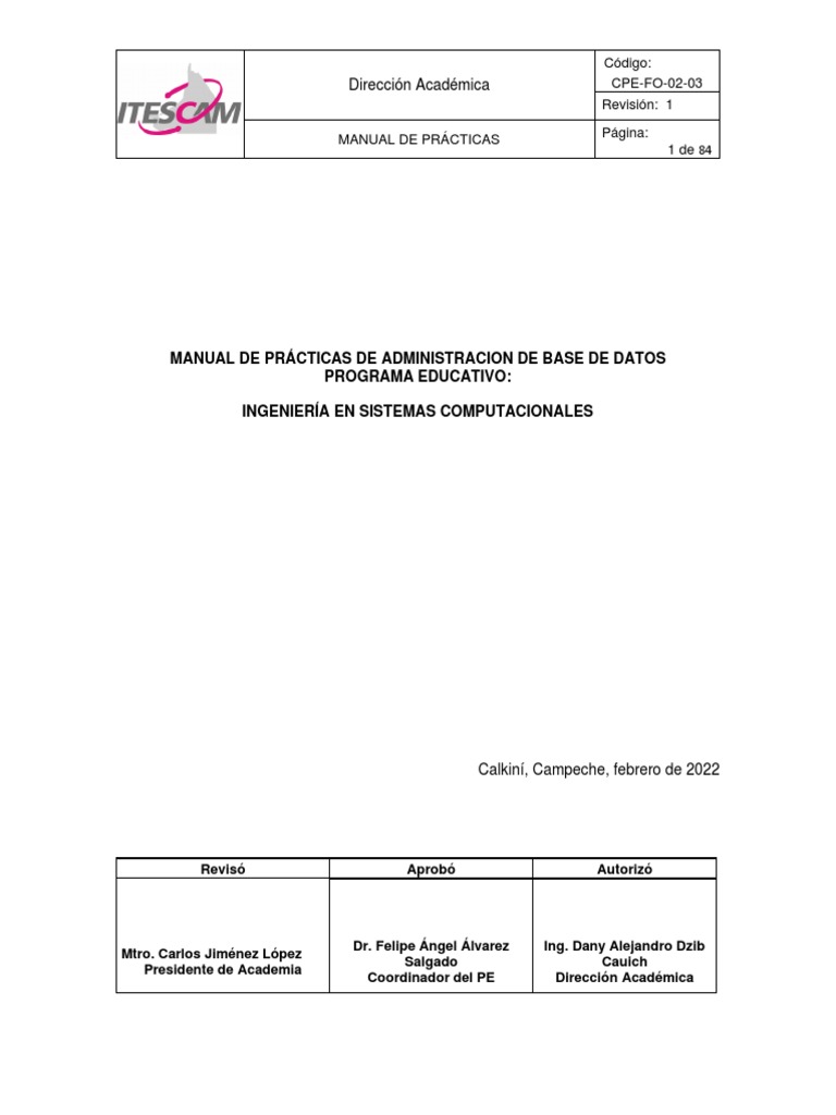 Manual de Prácticas de SCB-1001 ADMINISTRACION DE BASE DE DATOS - ISC | PDF | Bases de datos ...
