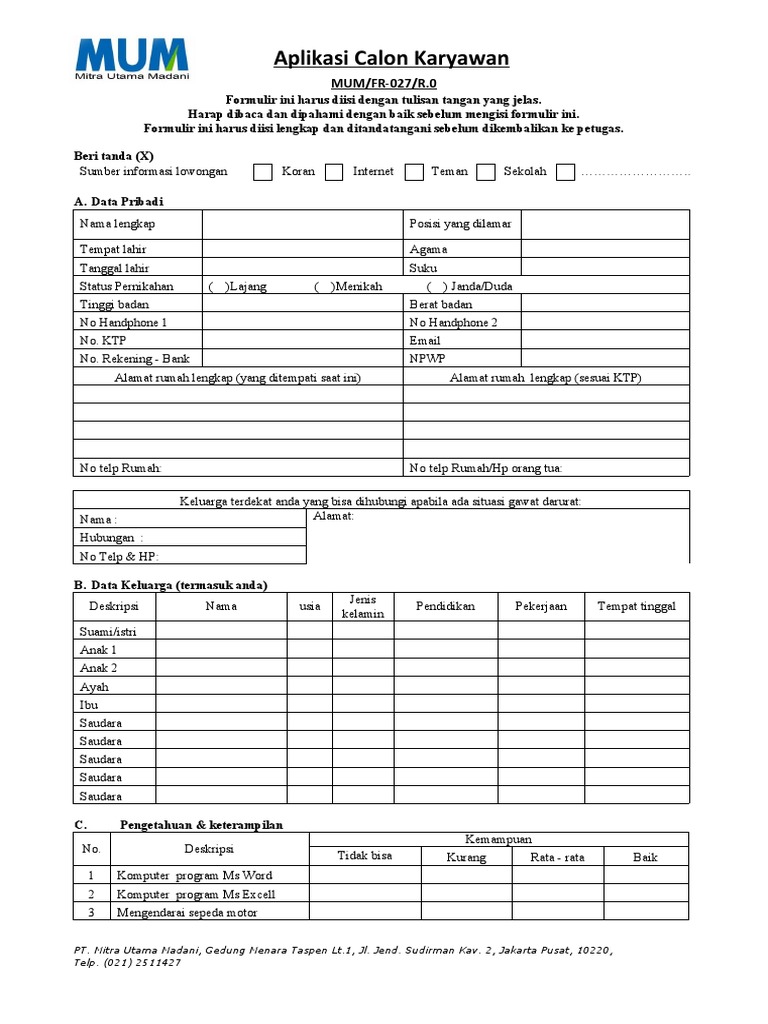 Form Apk. Calon Karyawan (Diprint Kemudian Isi Tulis Tangan) | PDF