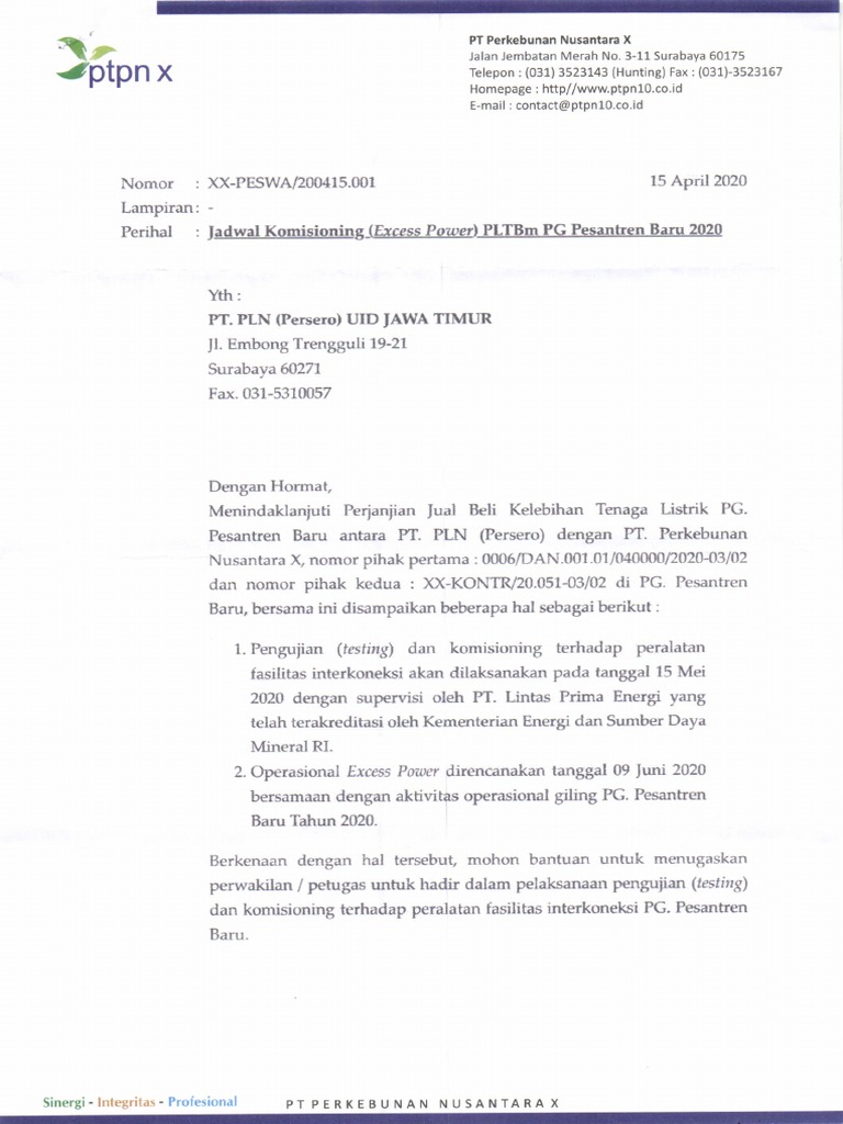 Surat Permohonan Komisioning PG. Pesantren | PDF