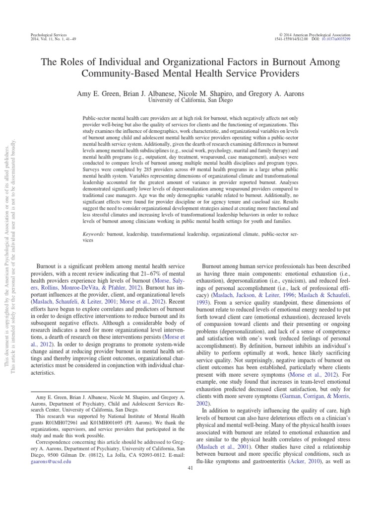 The Roles of Individual and Organizational Factors in Burnout Among Community Based Mental ...