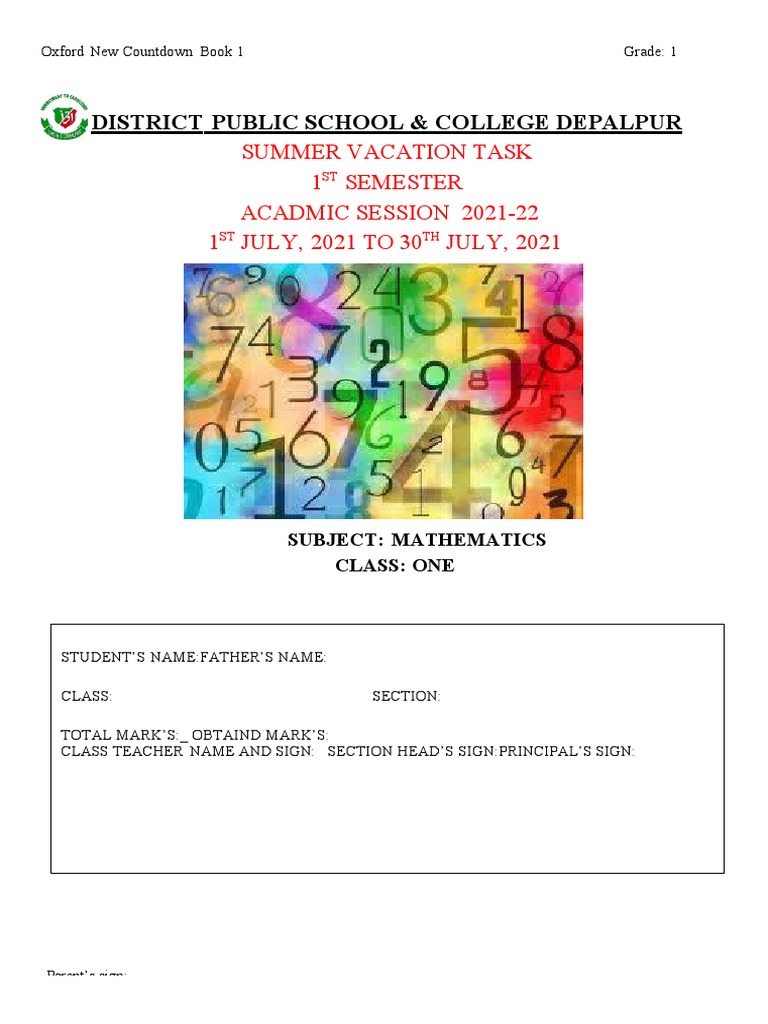 Grade 1 Mathematics Summer Tasks | PDF | Academic Term | Mathematics