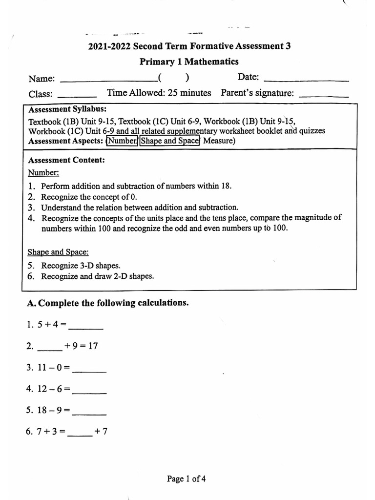 21-22 P1 Maths FA3 | PDF