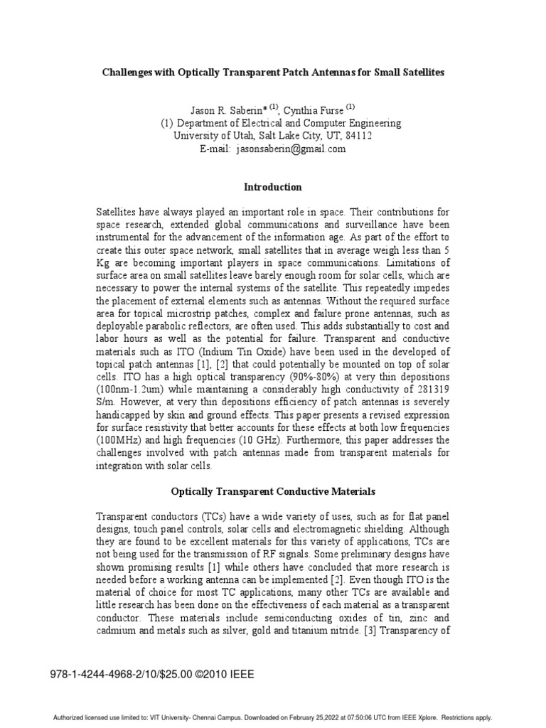 Challenges With Optically Transparent Patch Antennas For Small ...
