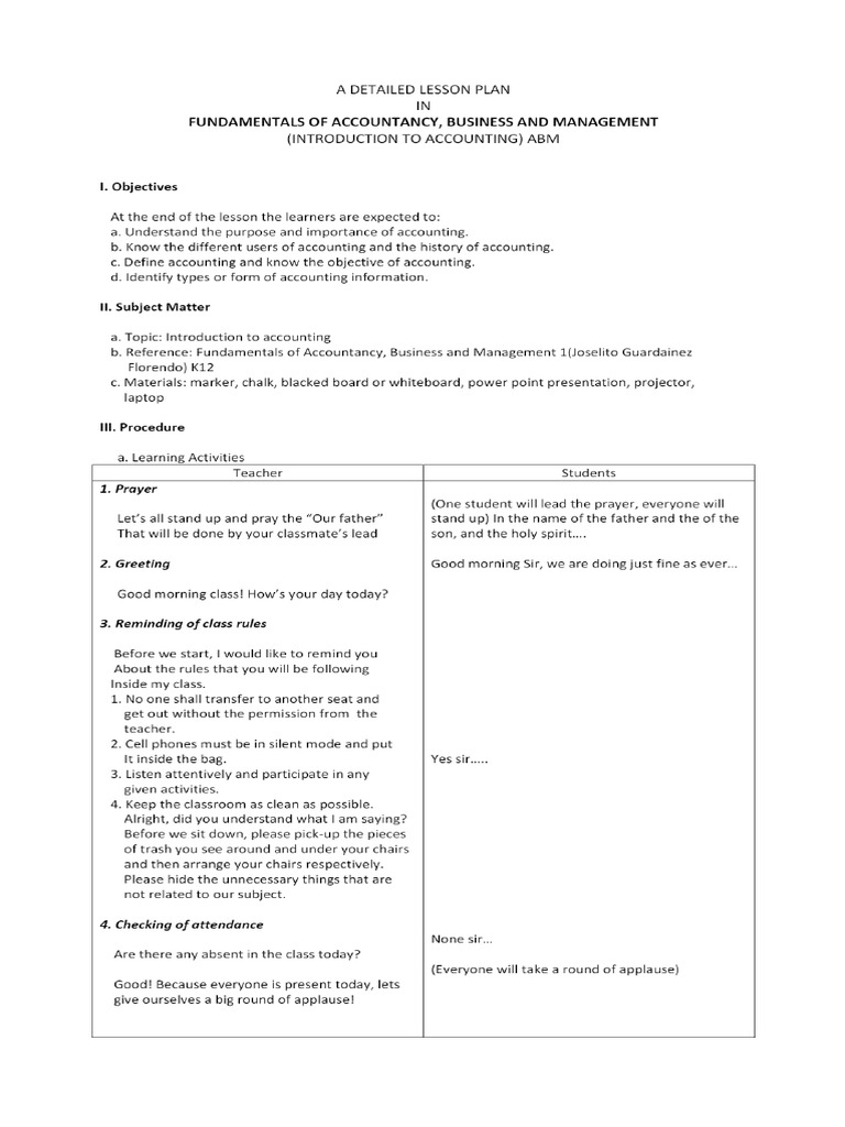 A Detailed Lesson Plan - Abm | PDF