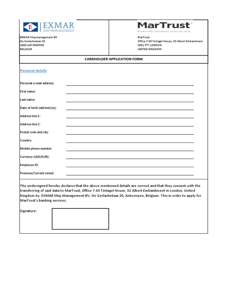 MarTrust Cardholder Application Form | PDF