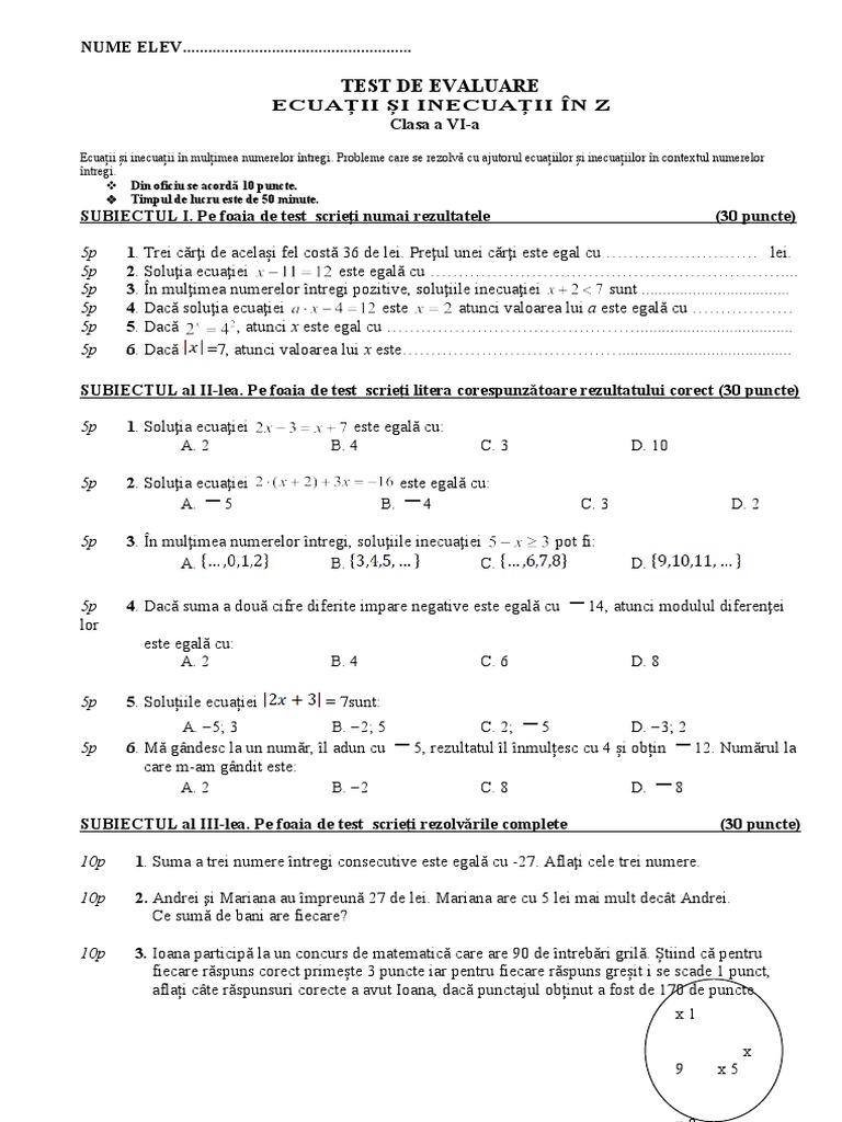 Test Ecuatii Si Inecuatii Clasa A Via Cu Barem | PDF