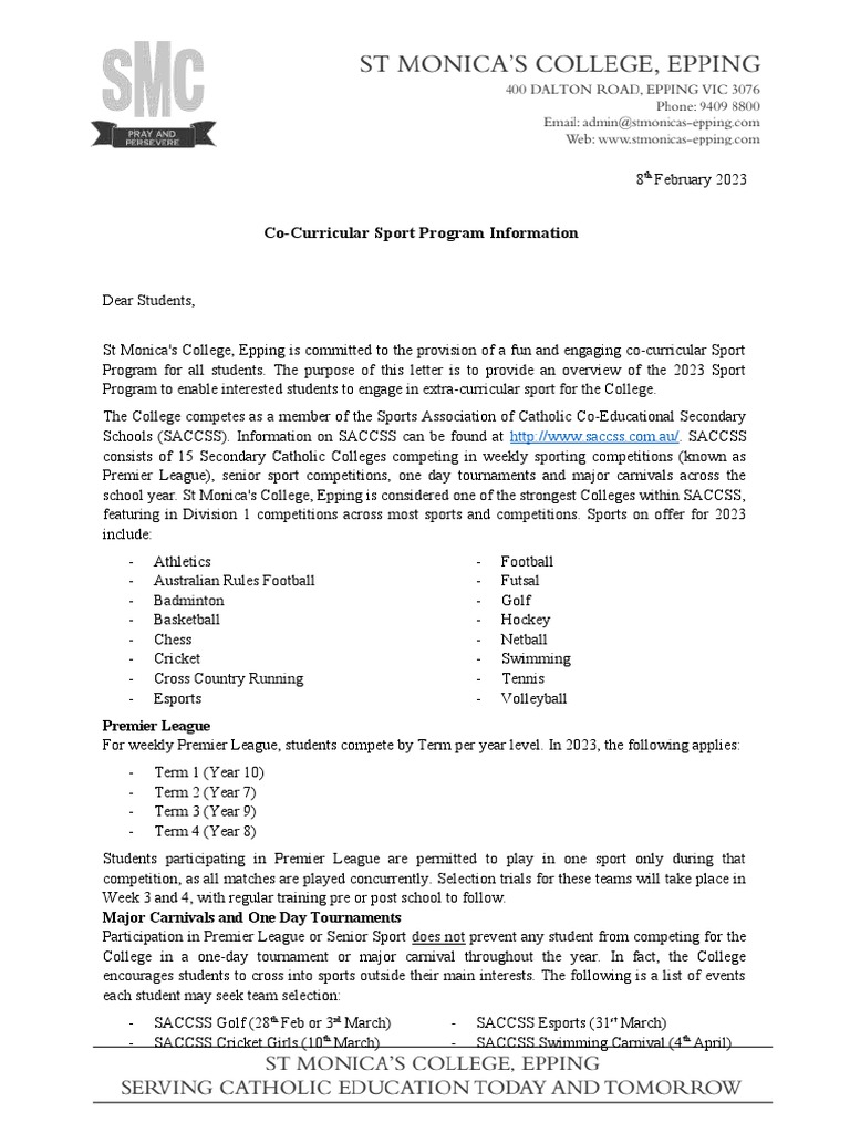 2023 Sport Information Letter - Year 8-11 | PDF | Sports | Leisure