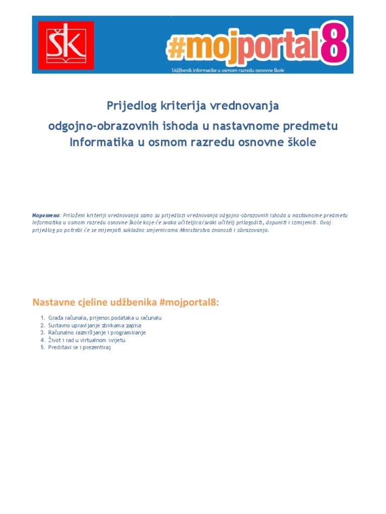 Kriteriji Vrednovanja 8.razred Informatika | PDF