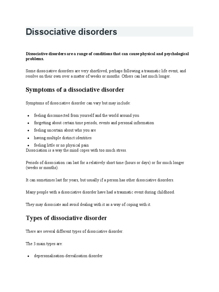 Dissociative Disorders | Download Free PDF | Dissociation (Psychology ...