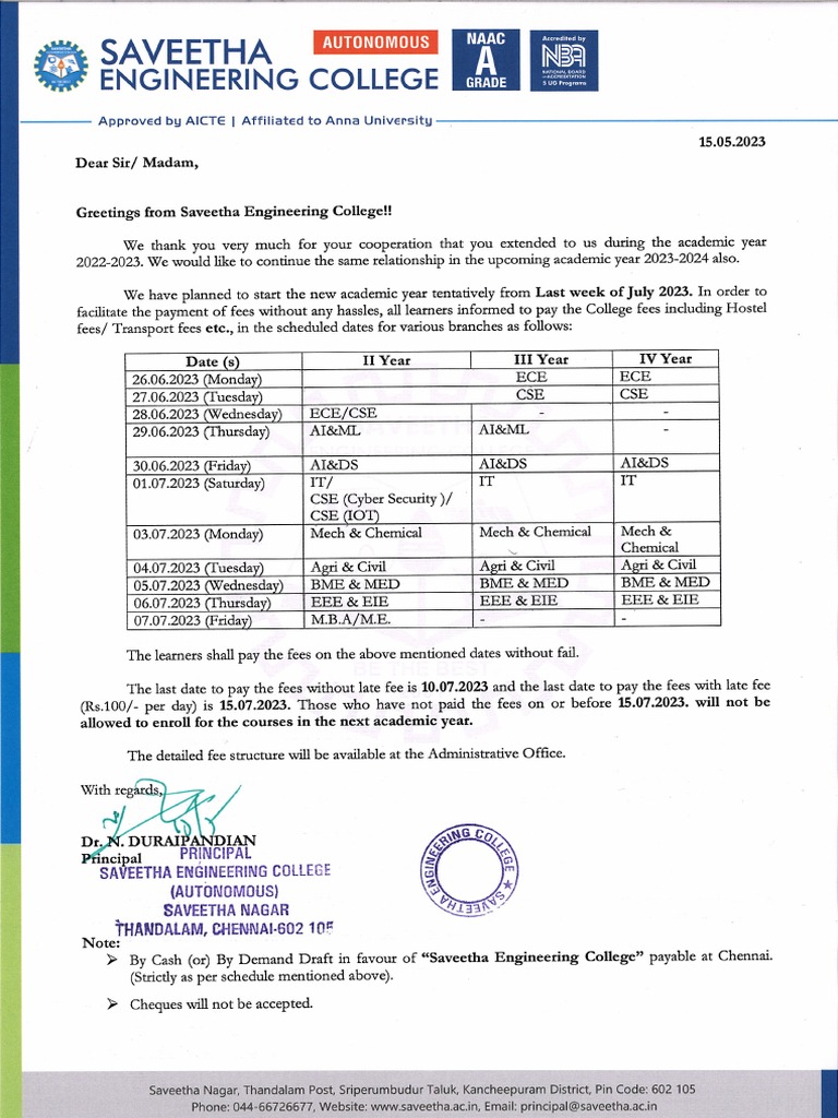 Fees Intimation Letter | PDF