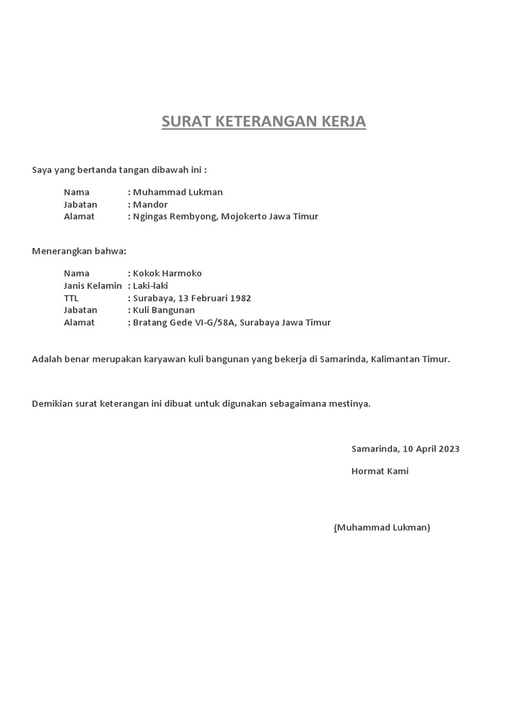 Surat Keterangan Kerja | PDF