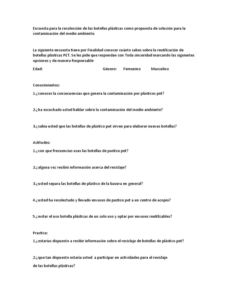 Encuesta para La Recolección de Las Botellas Plásticas Como Propuesta ...