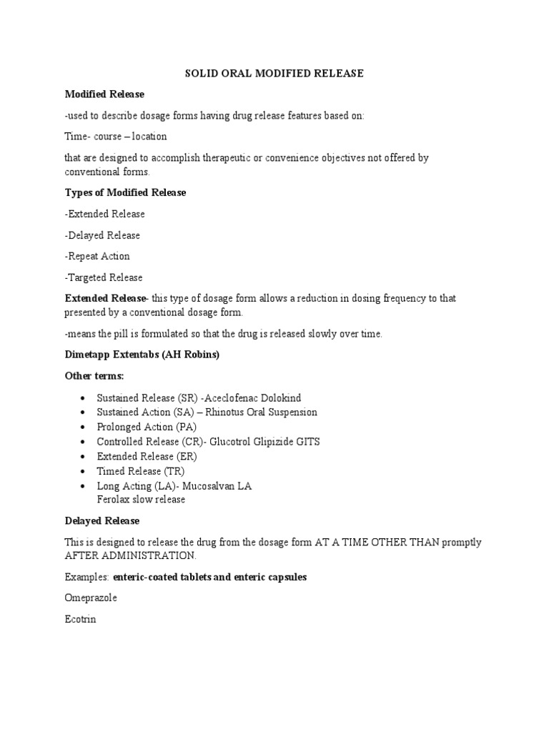 SOLID ORAL MODIFIED RELEASE Lecture | PDF | Tablet (Pharmacy) | Chemistry